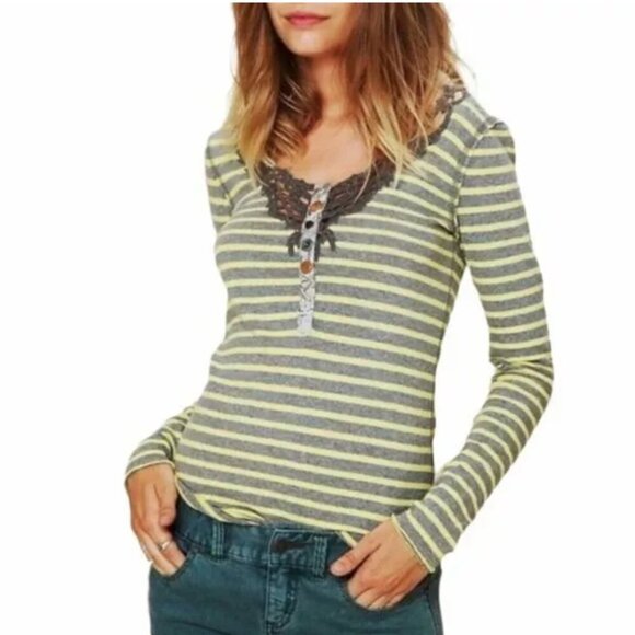 We The Free | Tops | Nwt We The Free Free People Yellow And Gray Striped Call Back Henley Top ...